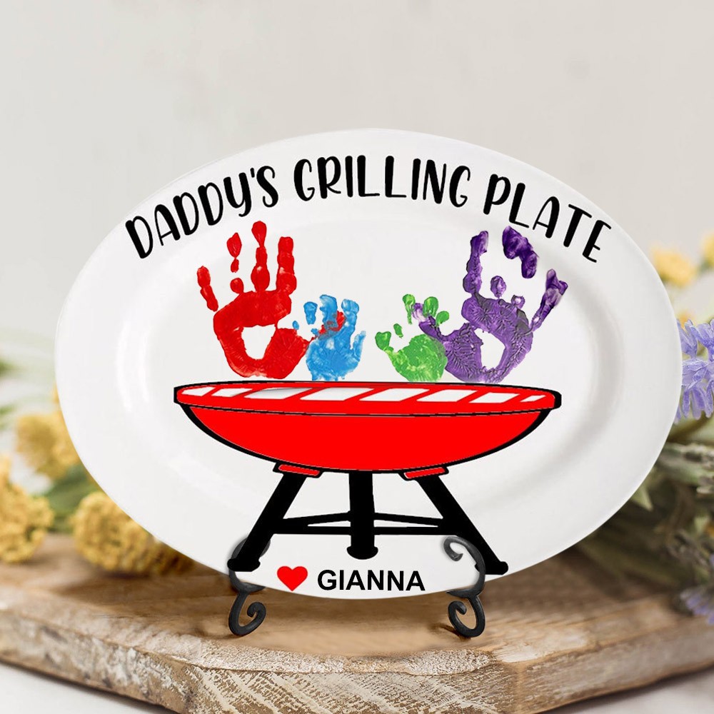 Personalized BBQ Daddy's Grilling Plate With Handprints For Father's ...
